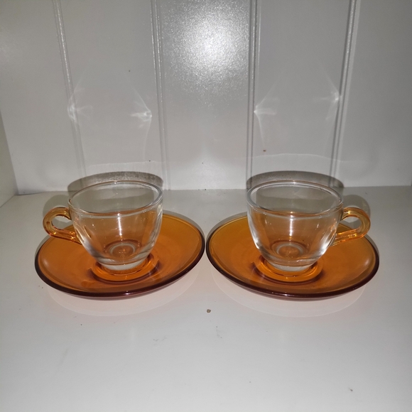 Dining | Orange Glass Espresso Cups And Saucers | Poshmark